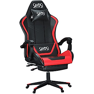 SAYDSI Gaming Chair Computer Chair Leather High Back Chair Racing Executive Ergonomic Office Chair with Height Adjustment, Footrest，Headrest and Lumbar Support Sports Swivel Chair(Red)