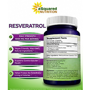 100% Natural Resveratrol - 1000mg Per Serving Max Strength (180 Capsules) Antioxidant Supplement, Trans-Resveratrol Pills for Heart Health & Pure, Polyphenols