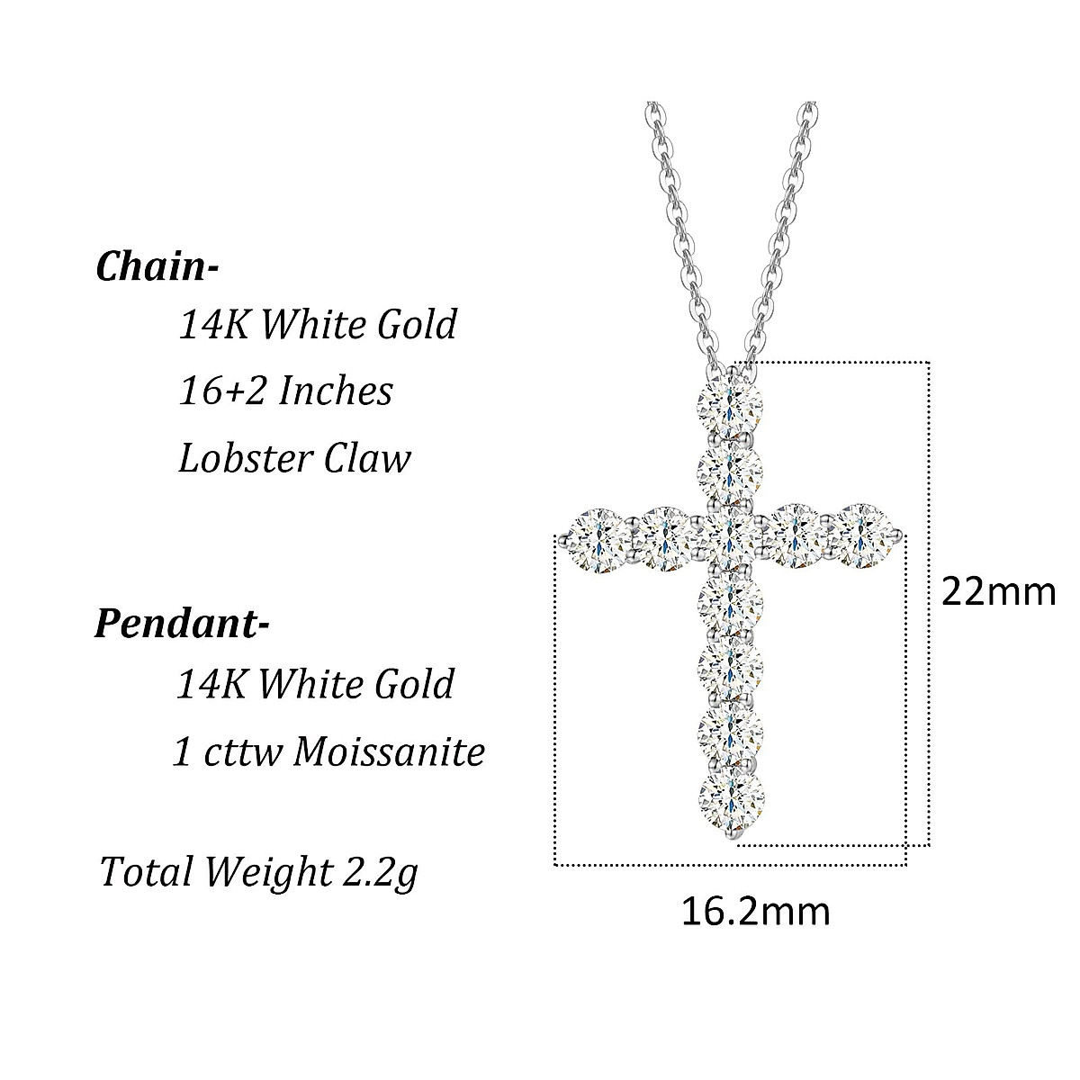 FANCIME 14K Solid White Gold 3 Prong Setting Cross Pendant Necklace with 1 Cttw Carat White Moissanite Gemstone Fine Delicate Jewelry Anniversary Christmas Gift Guide for Her Mom Women