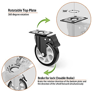 5 Inch Caster Wheels, Heavy Duty 5” Casters Set of 4 with Brake, TONSUM No Noise Polyurethane (PU) Wheels and Safety Dual Locking casters, Swivel Plate Castors (Two Hardware Kits for Free) (5inch)
