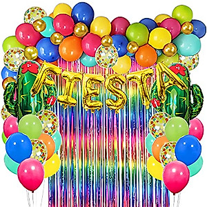 Fiesta Party Decorations Fiesta Balloon Garland Rainbow Fringe Backdrop Cactus Foil Balloon Latex Confetti Balloons with Tape Set for Mexican Luau Theme Party Decor