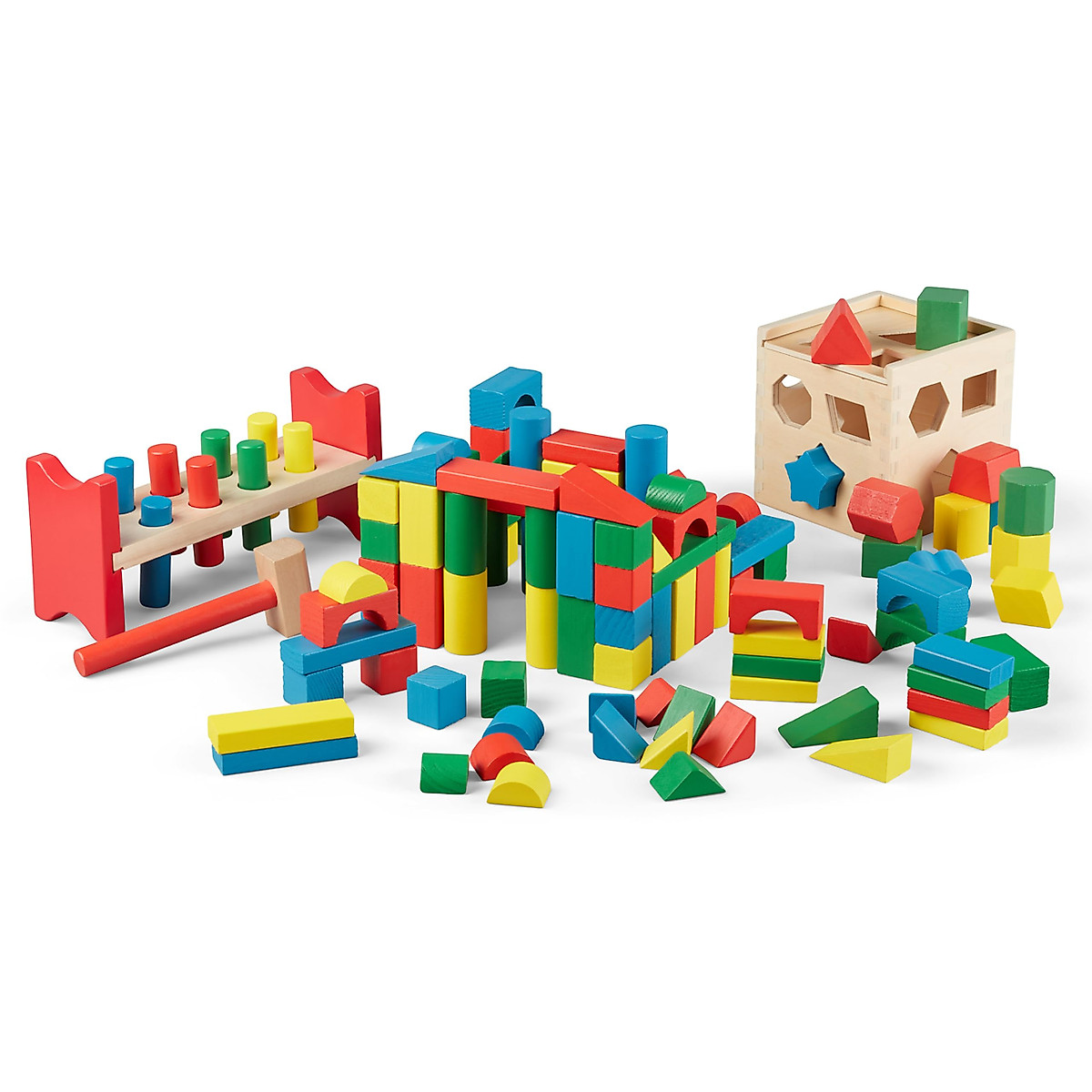Melissa & Doug Stack, Sort & Pound Wooden Toy Collection (Building Blocks, Shape Sorter, Pounding Bench)