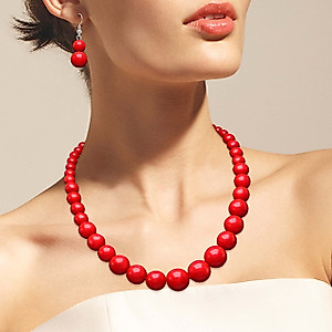 Cryshimmer Pearl Choker Necklace for Women Faux Pearl Beads Strand Necklace Earring Set Costume Jewelry (Red-1)