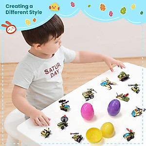 12 Pack Easter Eggs Prefilled with Vehicle Building Blocks, Military Buidling Toys for Easter Eggs Hunt, Easter Party Favors for Kids, Easter Basket Stuffers, Easter Gift Classroom Prizes