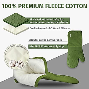 Klex Extra Long Silicone Oven Mitts and Pot Holders, 932°F Degrees Heat Resistance with Quilted Liner Oven Gloves and Hot Pads, 4 Piece Set, 15 inch, Green