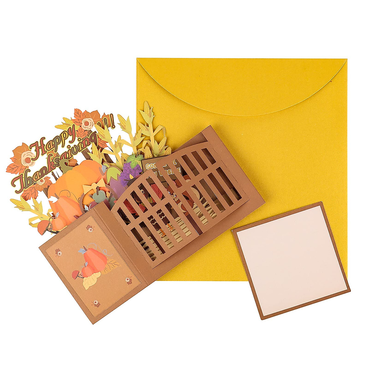Giiffu Thanksgiving 3D Pop Up Card, Fall Greeting Card, Autumn Blessings Thank You Card, Handmade, Brown, Tan, Gold Pearlescent Envelope