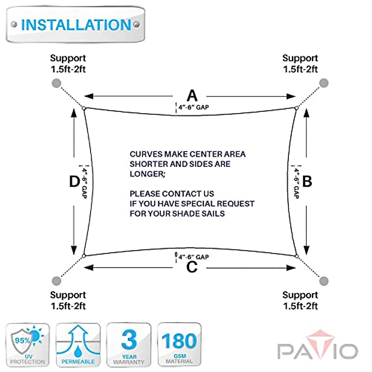 Patio Paradise 16' x 16' Light Grey Sun Shade Sail Square Square Canopy - Permeable UV Block Fabric Durable Patio Outdoor - Customized Available