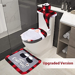 JAPIIM Christmas Toilet Seat Cover, 4pcs Christmas Bathroom Decorations, Swedish Christmas Bathroom Decor, Black Red Plaid Xcmas Decorations, Gnome Toilet Tank Cover for Christmas Bathroom Decoration