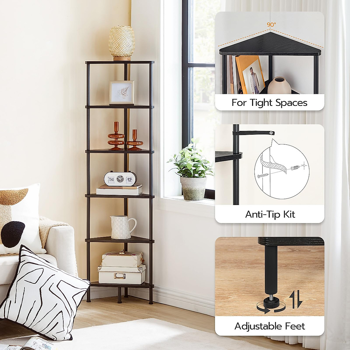 HOOBRO Corner Shelf Stand, Industrial 6-Tier Corner Bookshelf with Metal Frame,Corner Bookcase, Corner Plant Display Stand for Small Spaces, Living Room, Black BK36CJ01