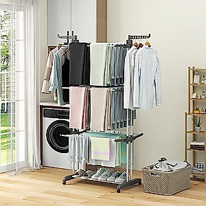Tangkula 4-Tier Clothes Drying Rack, Collapsible Laundry Rack Stand with 2 Hanger Holders, 3 Tier Retractable Trays, 1 Bottom Shoe Rack, Movable Garment Drying Station with 4 Castors (Silver)