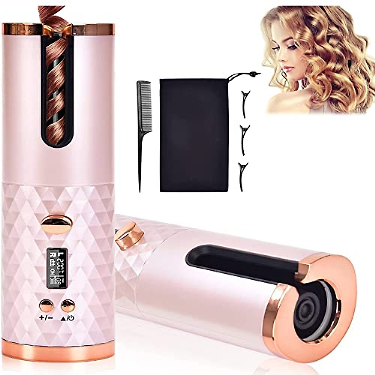 Automatic Curling Iron, Cordless Ceramic Barrel Wave Wand, Portable Cordless Auto Hair Curler with 4 Temps & 3 Timers, Fast Heating Rotating Rotating Curling for Long & Short Hair, Travel & Home Use