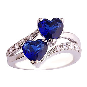 Women's Double Heart Ring Cubic Zirconia Engagement Ring Simulated Diamond Hollow Anniversary Bridal Wedding Band (Royal Blue, 6)