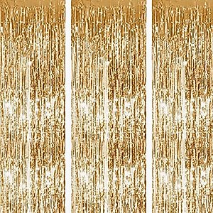 Tayuvira Gold Metallic Tinsel Foil Fringe Curtain, 3 Pcs 3.3ft x6.6ft Photo Booth Backdrop Streamer Curtains&Photo Booth Props, Party Decorations for Bachelorette Graduation Wedding Birthday (Gold)