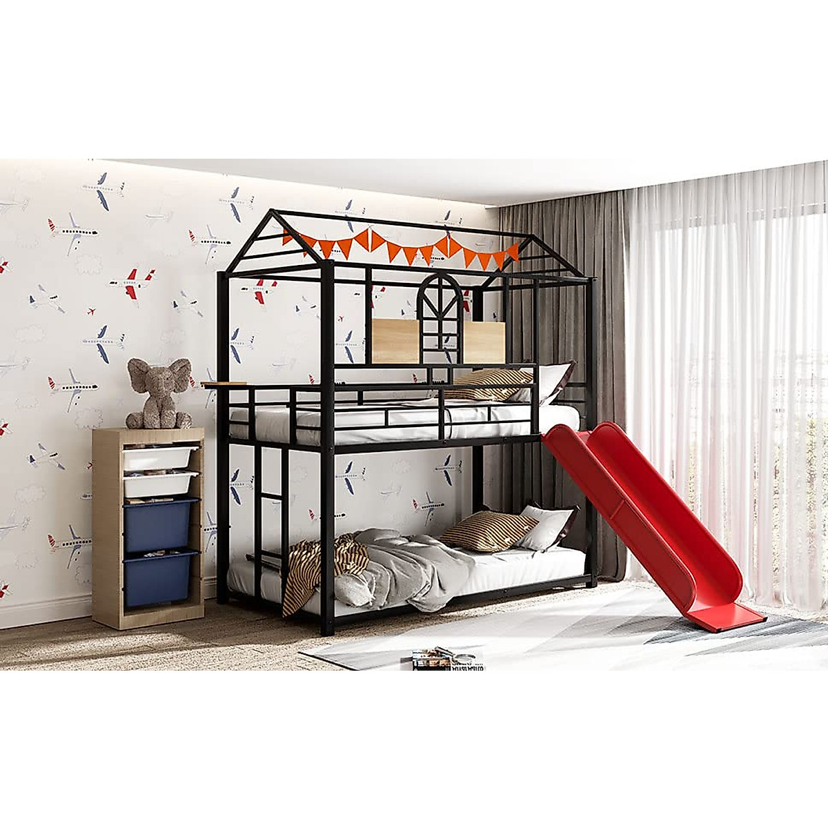 Tidyard Twin Over Twin Metal Bunk Bed,Metal Housebed with Slide,Three Colors Available.(Black with Red Slide) for Bedroom Dorm Guest Room Home Furniture