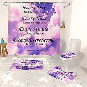Dexsawoi 4-Piece Bible Verse Shower Curtain Set with Non-Slip Religious Carpet, Toilet lid, and Bath mat, with Inspiring Thoughts and Prayers. Bathroom Curtain with 12 Hooks 72 x 72 inches