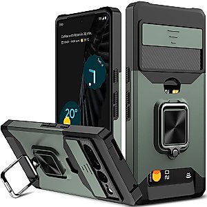 Nvollnoe Google Pixel 7 Pro Case with Sliding Camera Cover, Magnetic Kickstand, Heavy Duty Protective Case, Card Holder, Textured Finish, Green