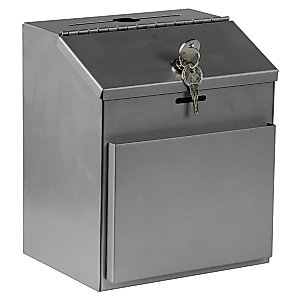 Ballot Box with Locking Hinged Lid and Side Pocket for Forms (Not Included), Metal Suggestion Box for Tabletop or Wall Mount Use, Silver
