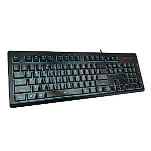 POWZAN Light Up Quiet Gaming Keyboard - Membrane Silent Wired Keyboard with Low Profile Lighted Key for Computer, Windows PC Gamer - Full Size, Black