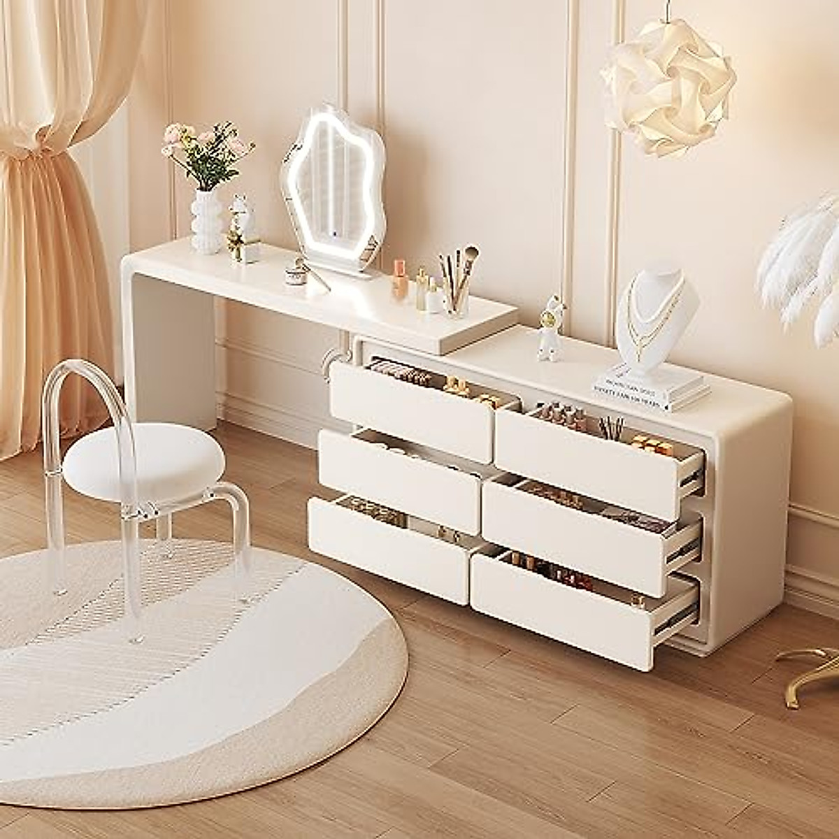 HOTICKME White Makeup Vanity Set, Modern Makeup Vanity with LED Mirror, Vanity Desk with Chair & Drawers & Cabinet, Dressing Table for Girls, Bedroom Dresser