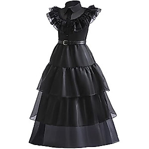 GRIVOS Black costume Girls dress for Kids Black Outfit Halloween Costumes Cosplay Party with belt wig socks 4-14Y