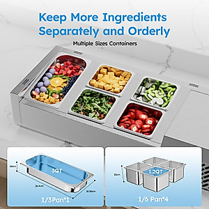 Mojgar Refrigerated Condiment Prep Station, 40 Inch Salad Bar Prep 304 Stainless Body, Sandwich Prep Table with 1 1/3 Pan & 4 1/6 Pans Tempered Glass Shield Auto Defrost