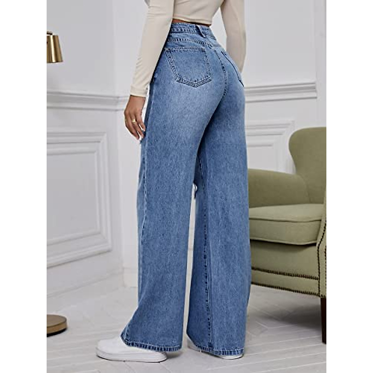 WDIRARA Women's High Waist Ripped Wide Leg Baggy Jeans Distressed Denim Pants Medium Wash S