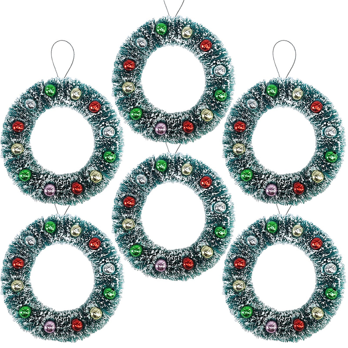 Winlyn 6 Pcs Frosted Teal Miniature Decorated Frosted Sisal Christmas Wreath Bottle Brush Wreaths 4.7" Wide for Winter Christmas Tree Hanging Ornaments Festive Celebration Supplies Holiday Crafts