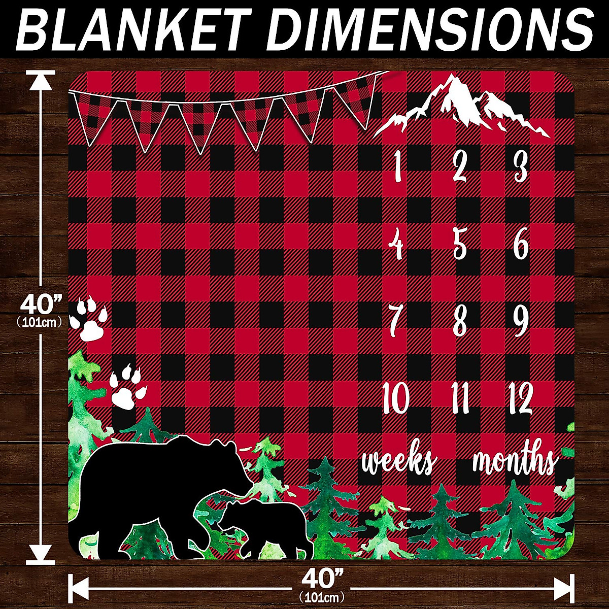 PHMOJEN Red Buffalo Plaid Milestone Blanket for Baby Boy, Rustic Hunter Theme Woodland Bear Age Blanket for Nursery, Lumberjack Baby Shower Backdrop, 1-12 Months, Includes Marks 40"x40" BTLSPH254