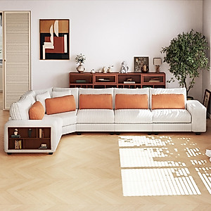 Yoglad 142’’ L-Shaped Reversible Corner Modular Sectional Sofa, Comfy Oversized Couch with Armrests Storage Rack, Plush Cozy Corduroy Upholstered Deep Seat Furniture for Living Room, Office (Beige)