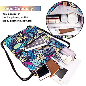 WANDF Drawstring Backpack String Bag Sackpack Cinch Water Resistant Nylon for Gym Shopping Sport Yoga (Blue Leaf.)