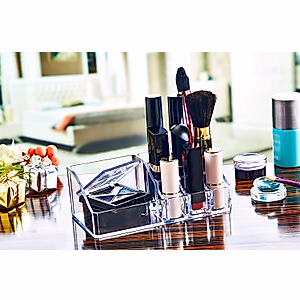 ums Makeup & Jewelry Organizer - Clear Makeup Organizer and Storage for Vanity, Acrylic Makeup Holder for Countertop with 9-Compartment, Small Cosmetic Tray for Brush and Lipstick