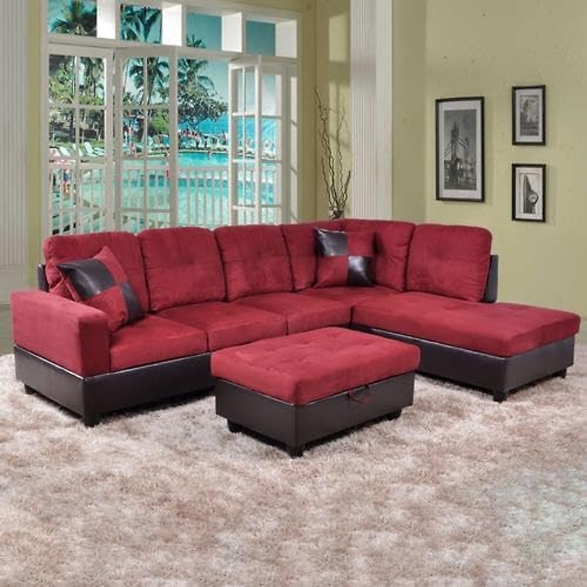 HOMVET Red Flannel and PVC Sectional Sofa Furniture Set, L-Shape Couch with Right Chaise, Storage Ottoman, and 2 Toss Pillows,for Living Room/Apartment/Office
