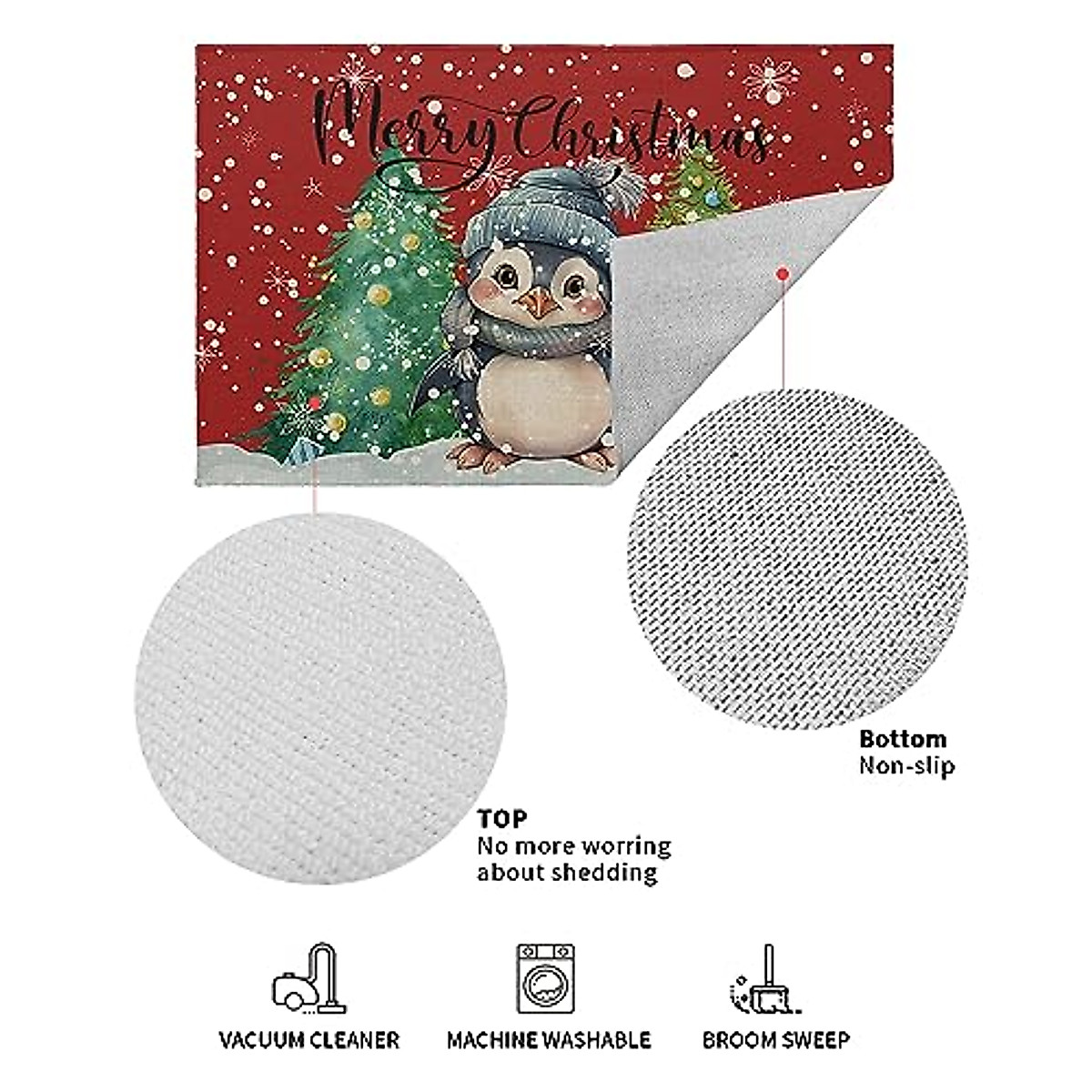 Kitchen Rug,Penguins Merry Christmas Tree Non Slip Doormat Absorbent Carpet,Winter Snowflakes Red Back Front Door Mat Washable Floor Mat for Bathroom Bedroom Entryway 20x32in