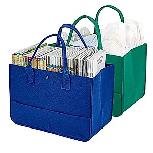Yesesion 2 Pack Portable Fabric Storage Basket with Handle, Collapsible Nursery Caddy Organizer for Baby Diaper, Bottle, Books, Magazine, Clothes, Toys, Paper File, Camping Use (Large - Blue/Green)