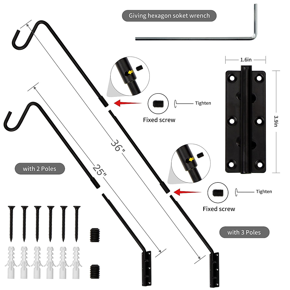 Juegoal Heavy Duty Deck Hook, 25 Inch to 36 Inch Wall Mounted Extended Reach Deck Hook Wall Pole Plant Bracket for Hanging Bird Feeder, Plants, Suet Baskets, Lanterns, Wind Chimes