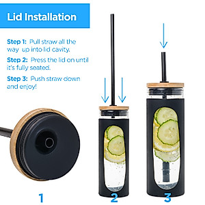 EVY Glass Tumbler 20oz Black Silicone Protective Sleeve Bamboo Lid with Straw for Iced Coffee, Smoothies, and Water Bottle Reusable Cup BPA Free The Original