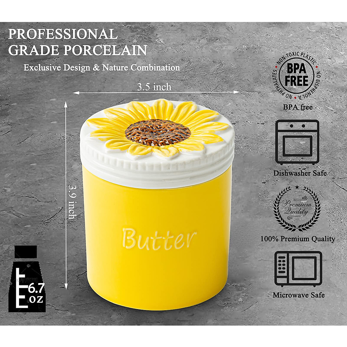 Sunflower Butter Crock Butter Keeper French Butter Dish Ceramic Cup Butter Holder With Water Line Non-Slip Design