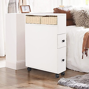 ALBOMI Slim Bathroom Storage Cabinet, Movable Narrow Toilet Paper Holder with Wheels and Drawers, Free Standing Small Bathroom Organizer for Small Spaces, 6" W x 20" D x 27.8" H, White