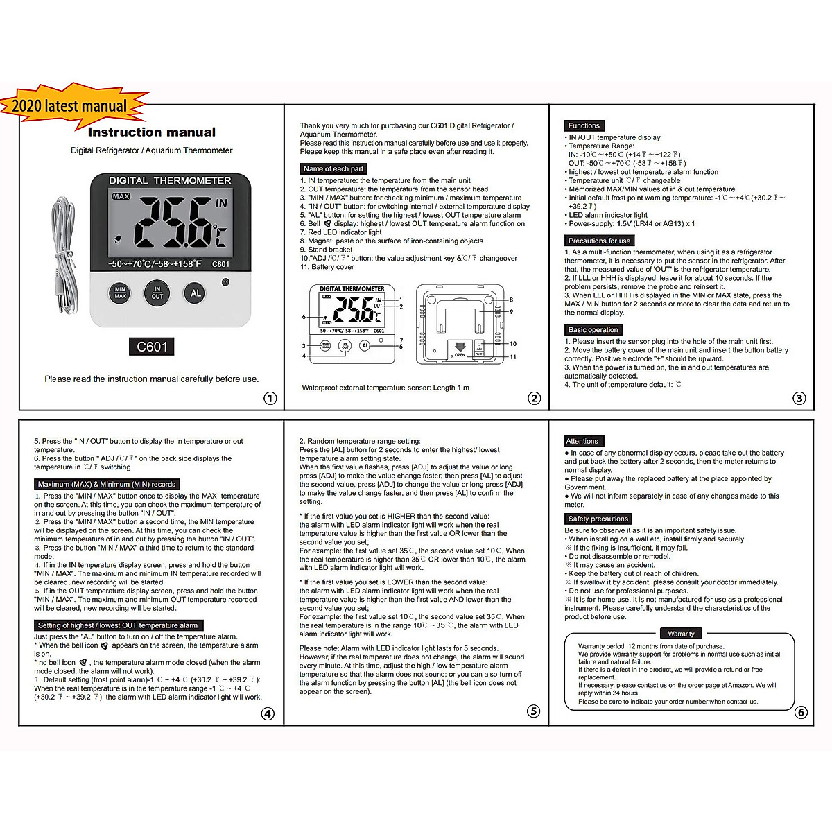 Fridge Freezer Thermometer Max/Min Memory LXSZRPH High & Low Temperature Alarms Settings with LED Indicator Digital Refrigeration Thermometer with Magnetic,Stander (WhiteMeter2pack)
