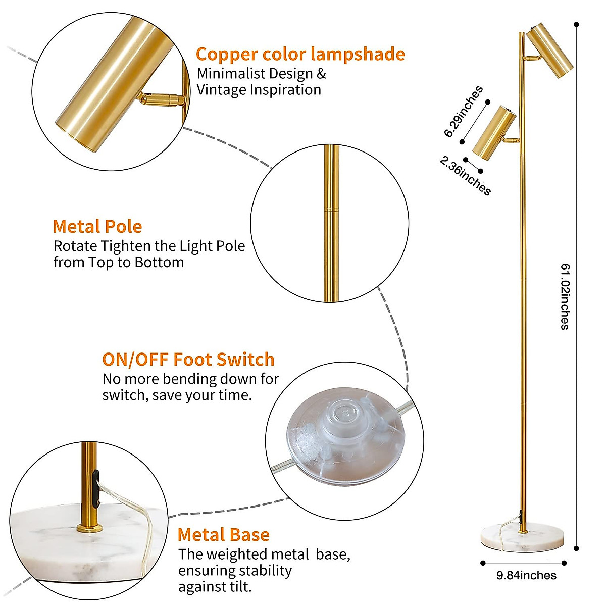 Hsyile Lighting KU300211 Cozy Elegant Modern Creative Bedroom & Living Room Floor Lamp,Tall Pole Uplight for Office - with Bulb - Brass Finish - Adjustable Tree Floor Lamp with 2 Bulbs