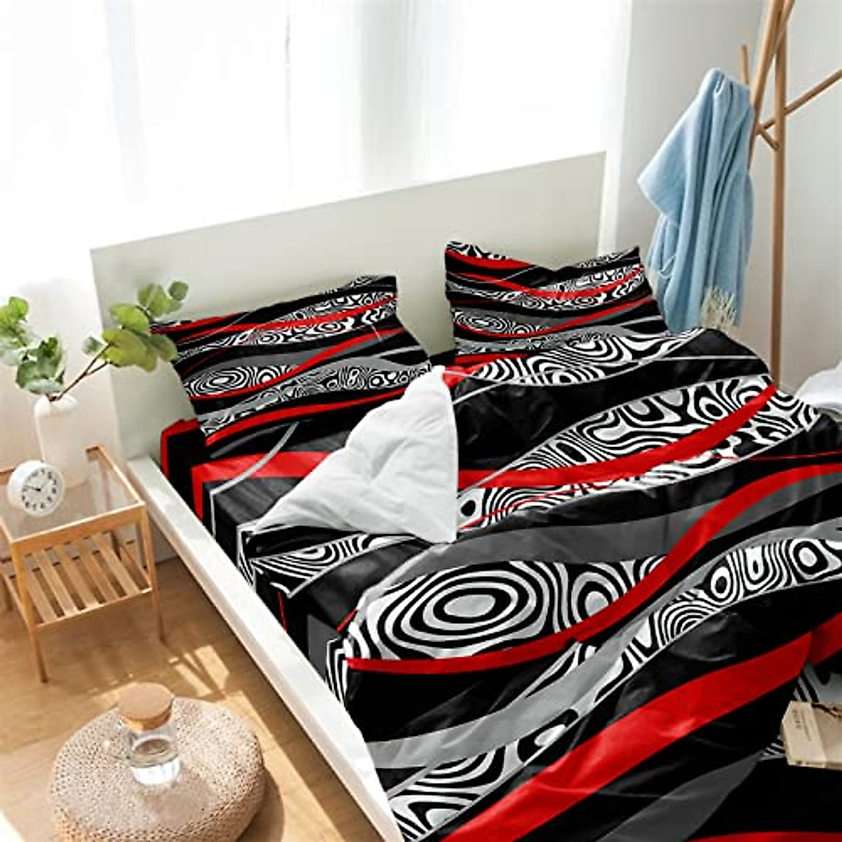 Duvet Cover Queen Size Bedding Set Geometry Abstract Red Black Stripe 4 Pieces Microfiber Comforter Cover Ultra Soft Duvet Covers Bed Sheet and Pillow Cases for Bedroom Zebra Animal Skin Texture