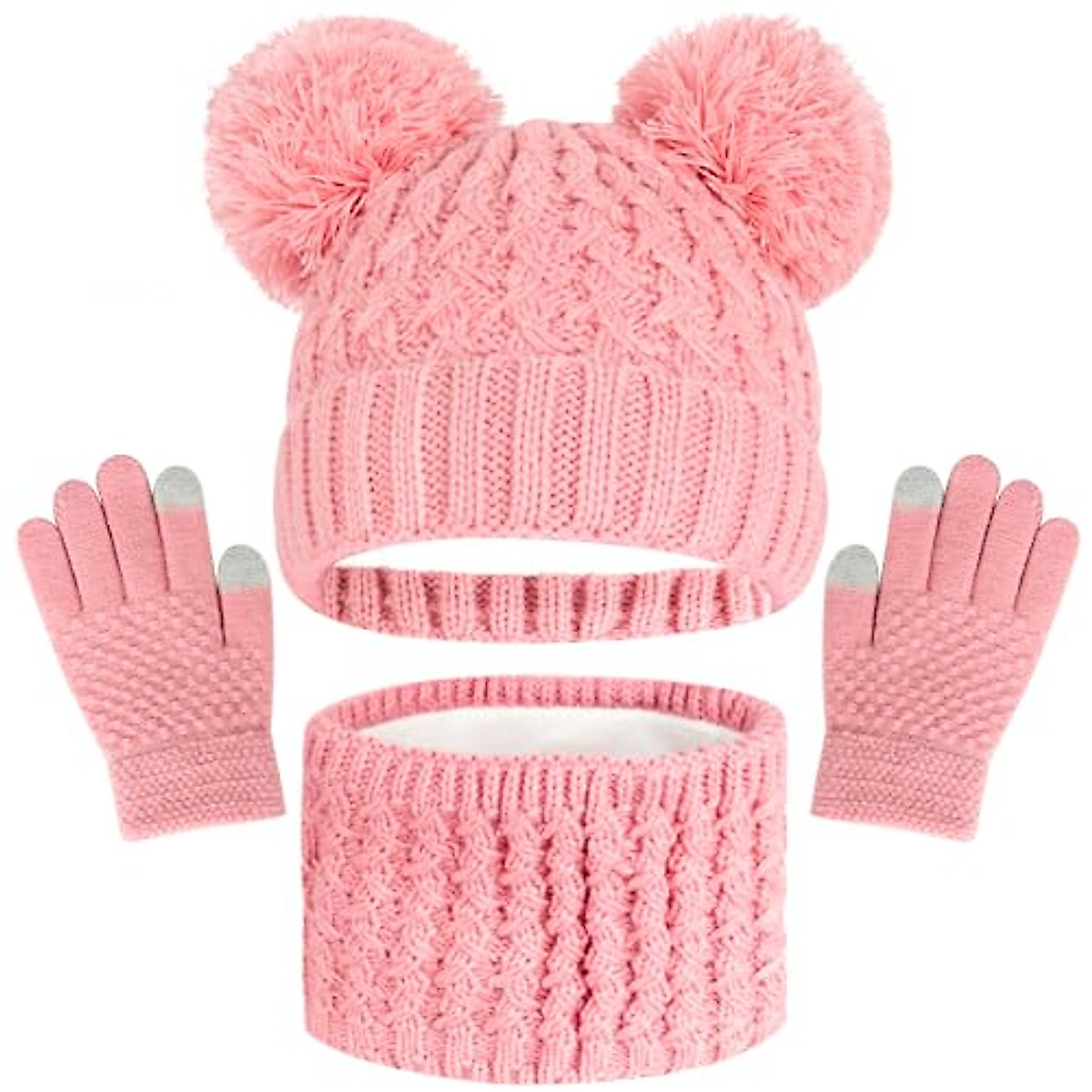 Kids Winter Beanie Hat Scarf Touchscreen Gloves Set, Fleece Lining Boys Girls Winter Hat Neck Warmer Gloves for 1-6 Years
