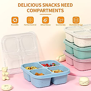 RGNEIN Bento Snack Boxes (4 Pack)- Reusable 4-Compartment Meal Prep Containers for Kids and Adults, Perfect Food Storage Containers for School, Compact and Stackable (Wheat(Green/Blue/PK/Beige))
