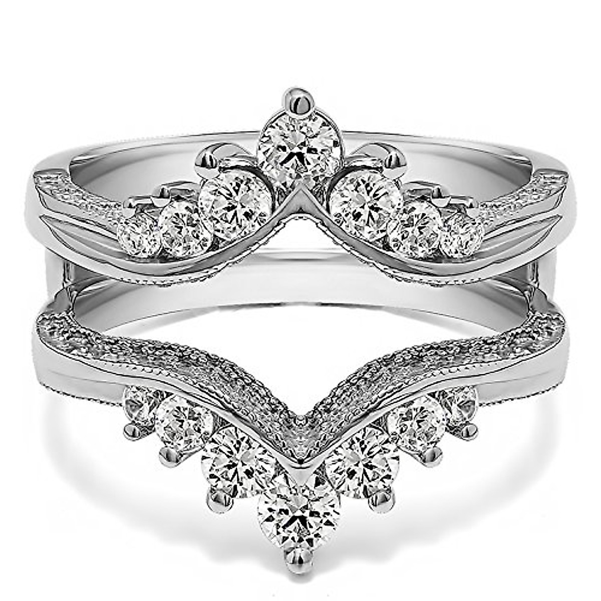 TwoBirch Sterling Silver Chevron Vintage Ring Guard with Millgrained Edges and Filigree Cut Out Design With Cubic Zirconia (0.74 ct., Size 9)