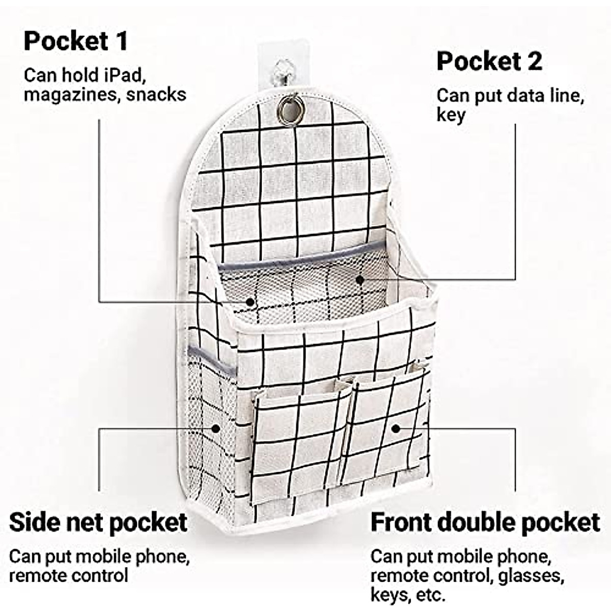 FYY Wall Hanging Storage Caddy Bag, Waterproof Over The Door Closet Organizer Basket with Hook Cotton Linen Storage Caddy Basket Pouch Bag for Bedroom Bathroom Living Room White
