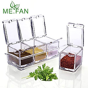 ME.FAN Clear Seasoning Rack Spice Pots - 4 Piece Acrylic Seasoning Box - Storage Container Condiment Jars - Cruet with Cover and Spoon