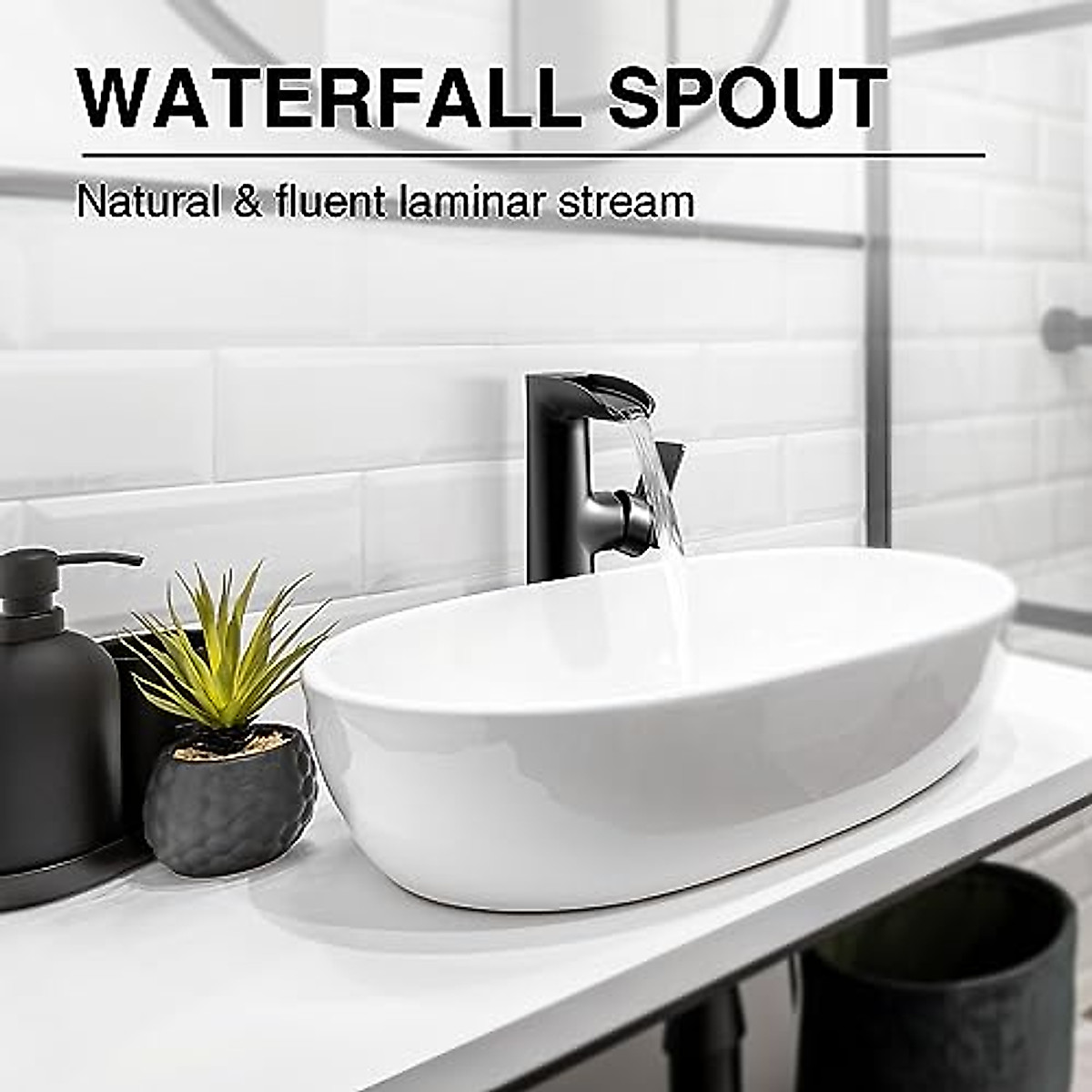 Waterfall Bathroom Faucet - WaterSong Matte Black Bathroom Faucet for Sink 360° Swivel Single Handle One Hole Vanity Faucet, Farmhouse RV Bathroom Vessel Basin Faucet Deck Mount, 100% Lead-Free