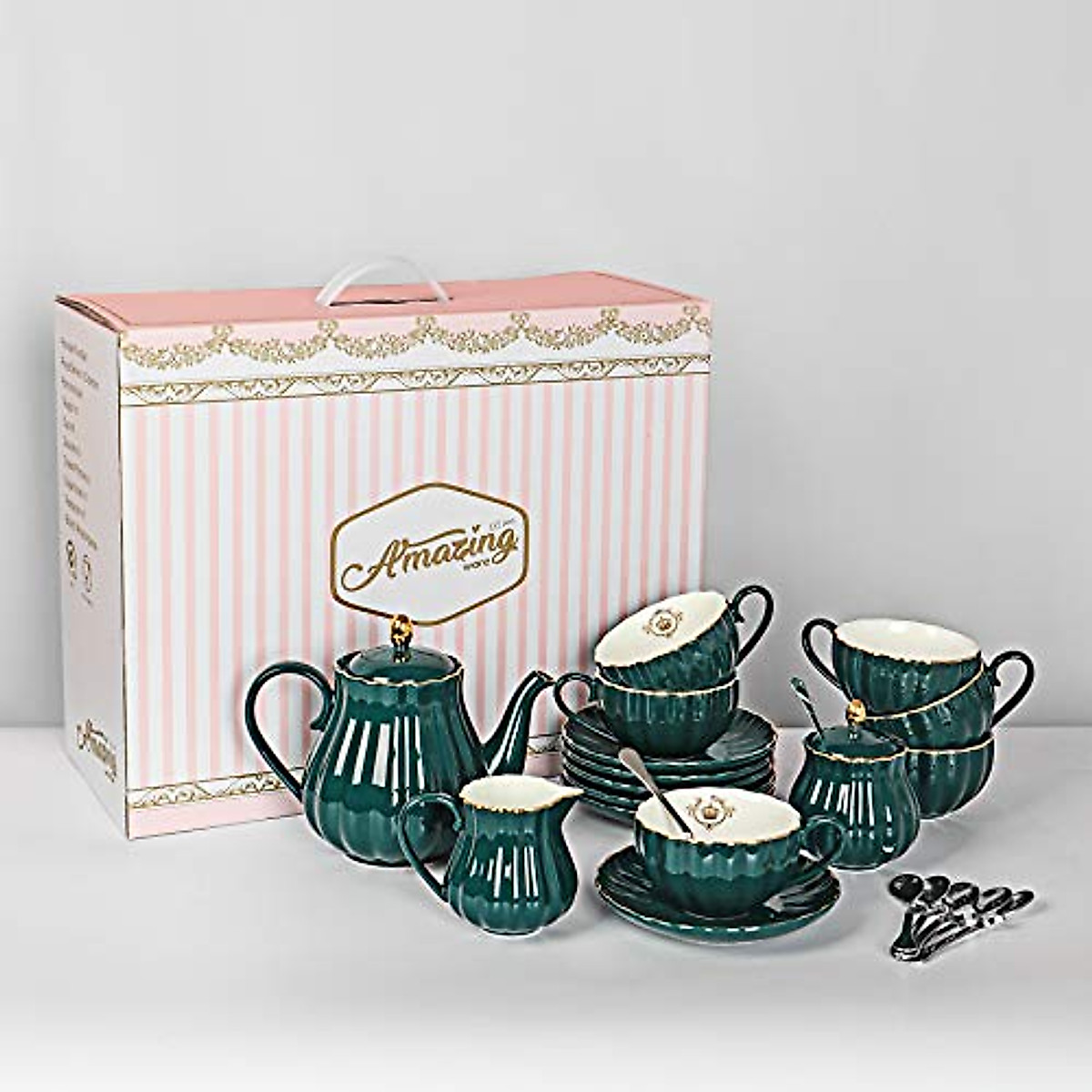 Amazingware Porcelain Tea Set - Tea Cup and Saucer Set Service for 6, with 28 ounces Teapot Sugar Bowl Cream Pitcher Teaspoons and Tea Strainer - for Thanksgiving - Pumpkin Fluted Shape, Dark Green