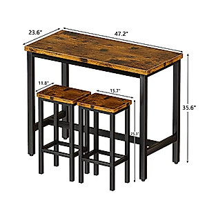 Lamerge 47.2" Bar Table Set,Pub Heigh Table with 2 Square Stools,Dining Table Set,Kitchen Counter with Bar Chairs,for Kitchen, Living Room/Sofaside,Small Space,Rustic Brown and Black