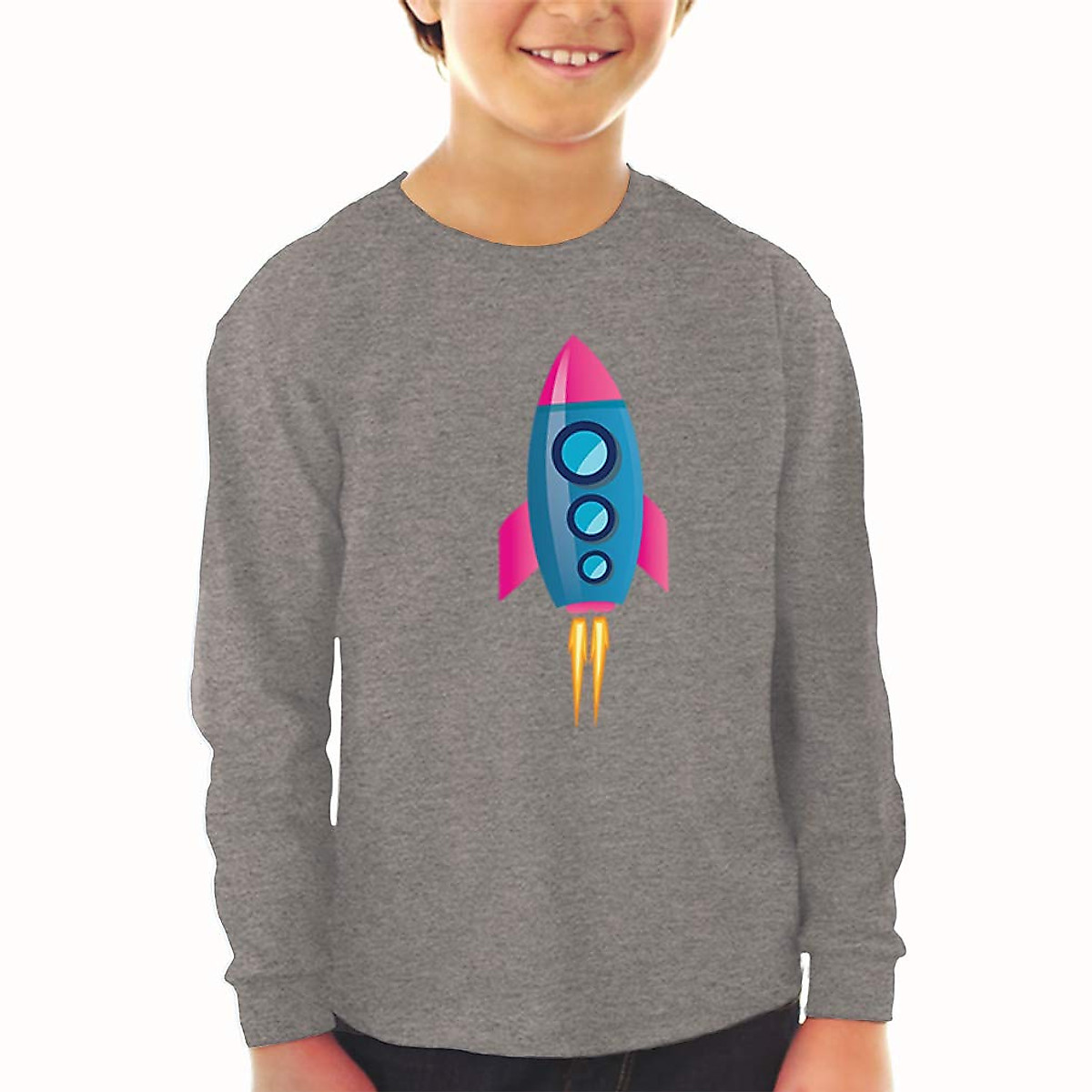 Kids Long Sleeve T Shirt Spaceship Rocket Space Cotton Boy & Girl Clothes Funny Graphic Tee Royal Blue Design Only 5 6T